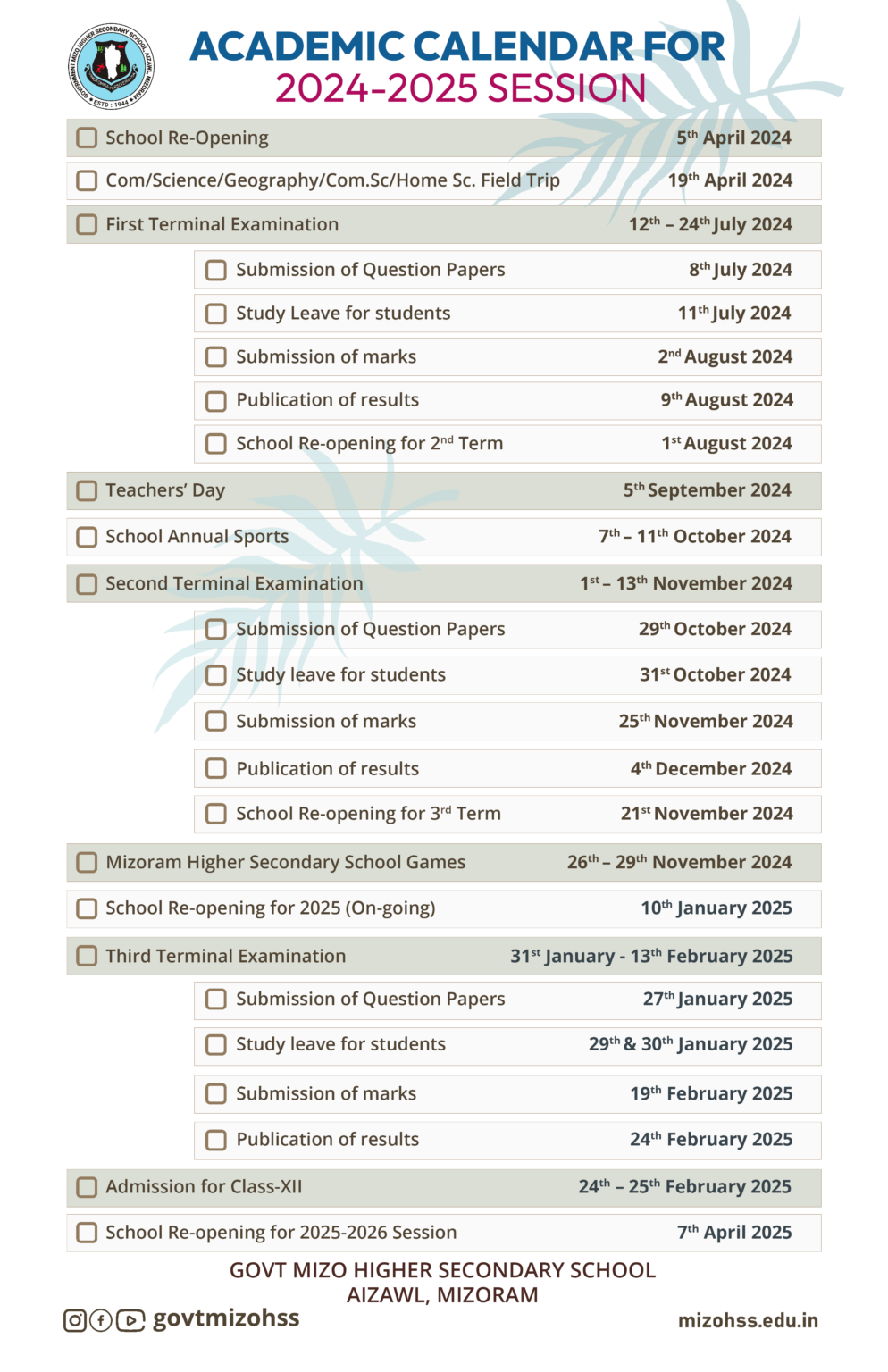 Academic Calendar 2024-2025 - Government Mizo HSS